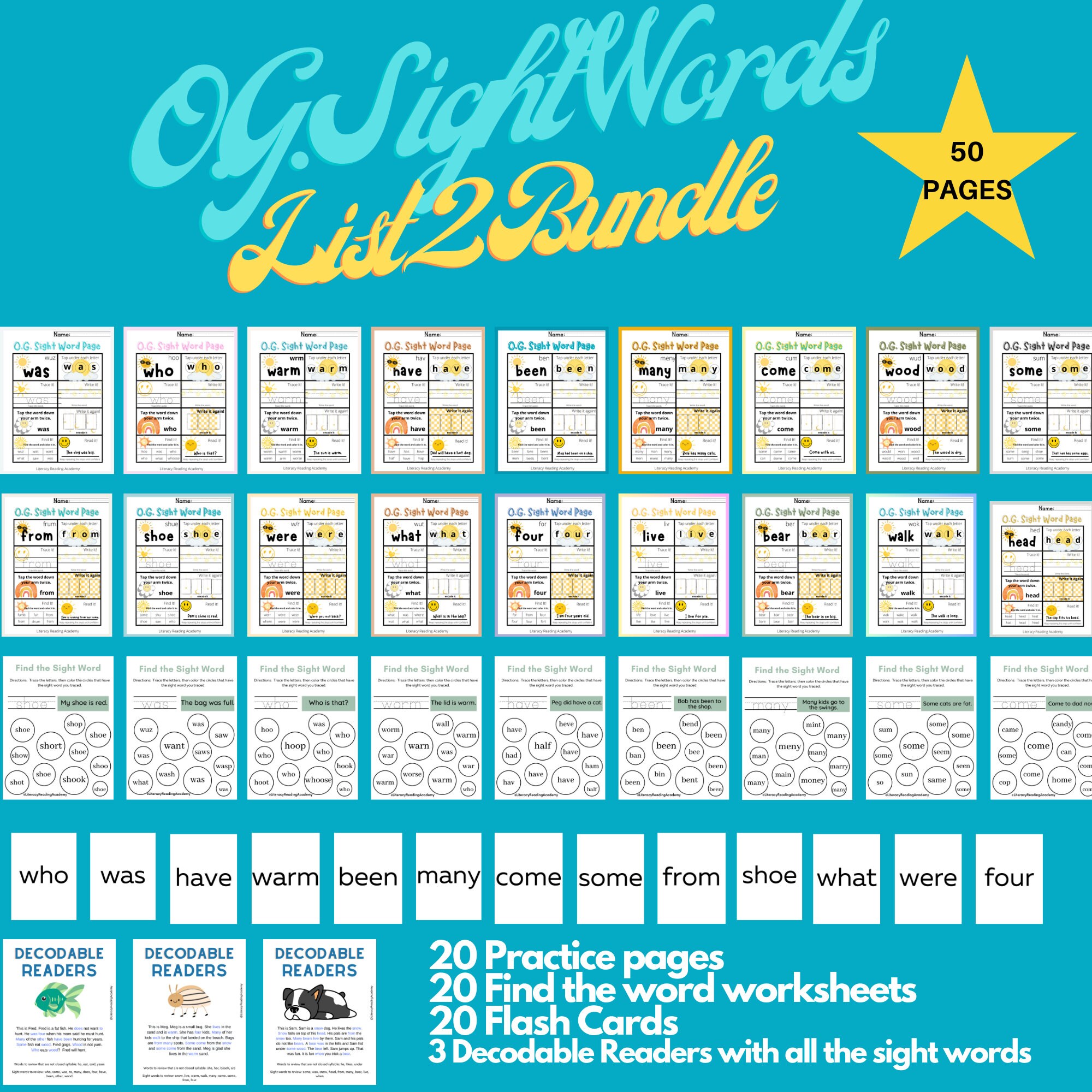 Orton Gillingham Sight Word Worksheets List 2 BUNDLE. 50 Pages. Sight ...