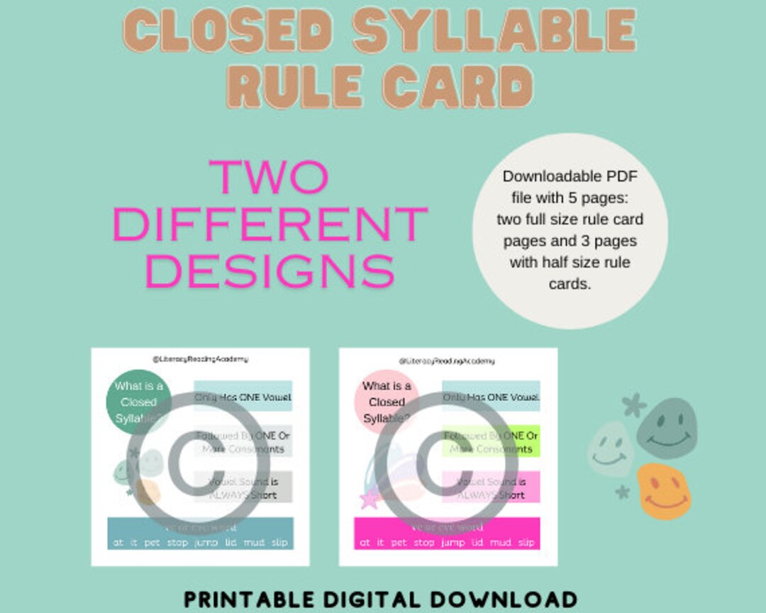 Structured Literacy Syllable Rule Cards. CLOSED SYLLABLE Rule Card ...