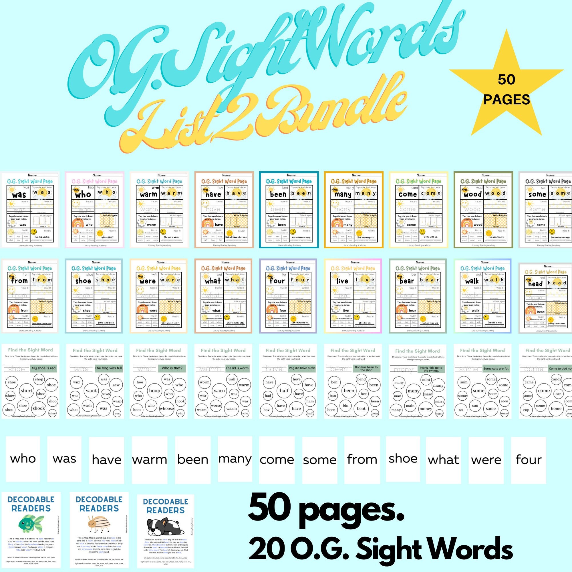 Orton Gillingham Sight Word Worksheets List 2 BUNDLE. 50 Pages. Sight ...