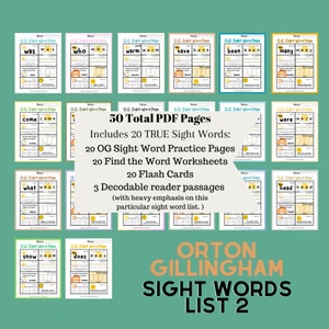 Orton Gillingham Sight Word Worksheets List 2 BUNDLE. 50 Pages. Sight ...