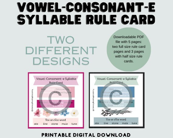 Vowel-consonant-e SYLLABLE RULE CARD. Dyslexia Card Download ...
