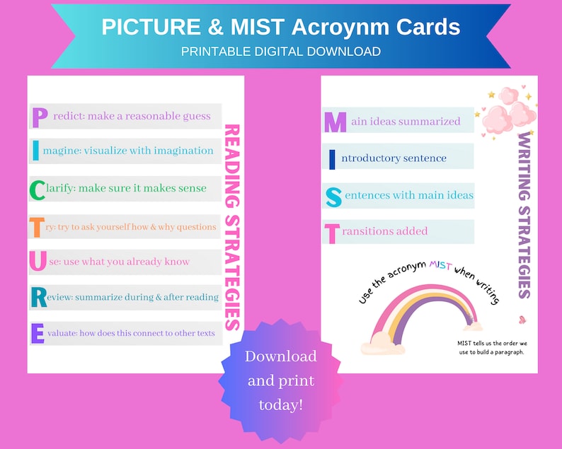 Dyslexia Support Cards. PICTURE and MIST Acronym Cards for Reading ...
