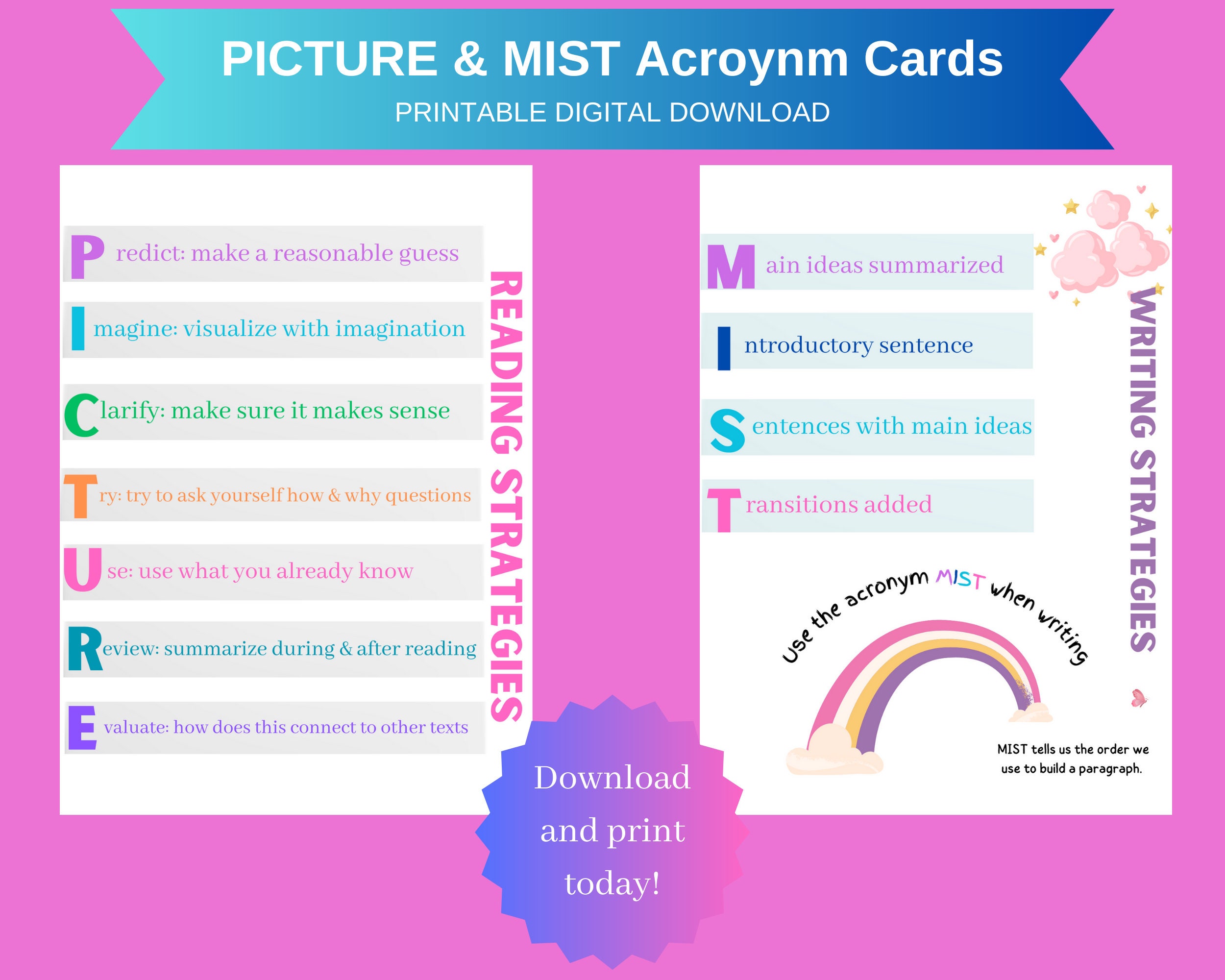 Dyslexia Support Cards. PICTURE and MIST Acronym Cards for Reading ...