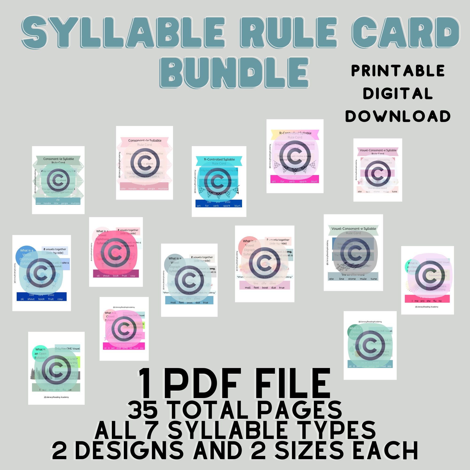 SYLLABLE RULE CARD Bundle. Dyslexia Card Downloads. Structured Literacy ...