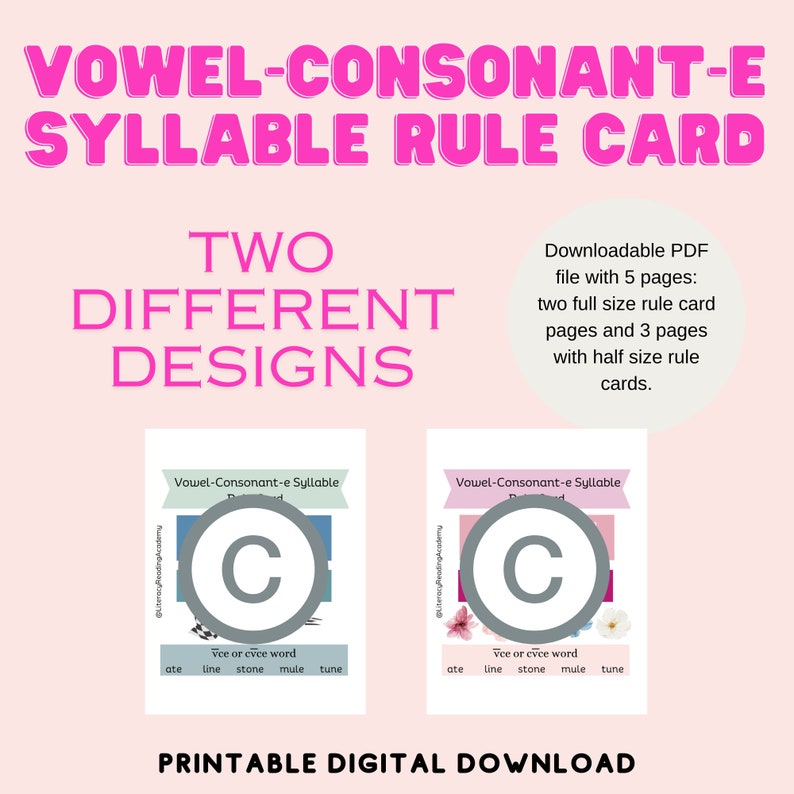 Vowel-consonant-e SYLLABLE RULE CARD. Dyslexia Card Download ...