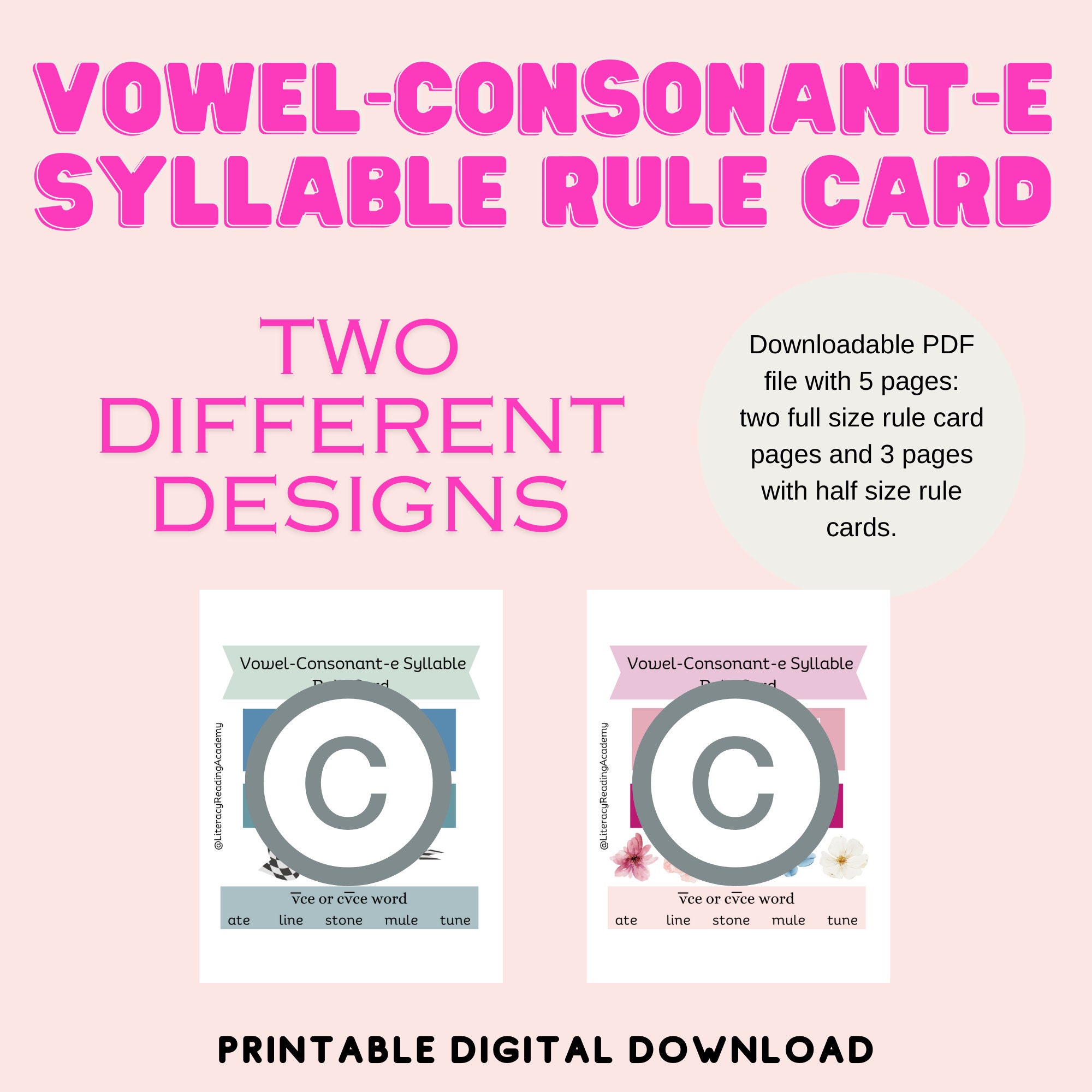 Vowel-consonant-e SYLLABLE RULE CARD. Dyslexia Card Download ...
