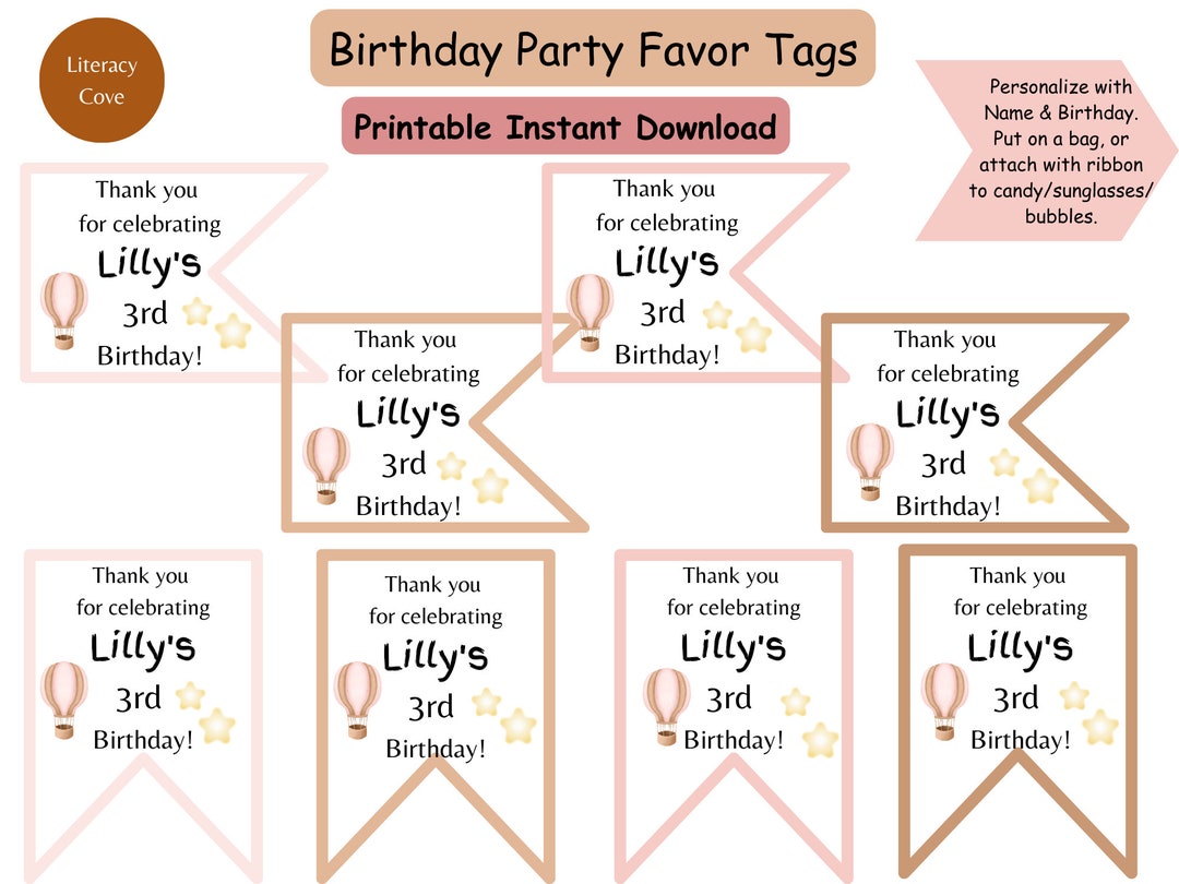 Birthday Party Favors. Personalized Birthday Tags. Printable - Etsy