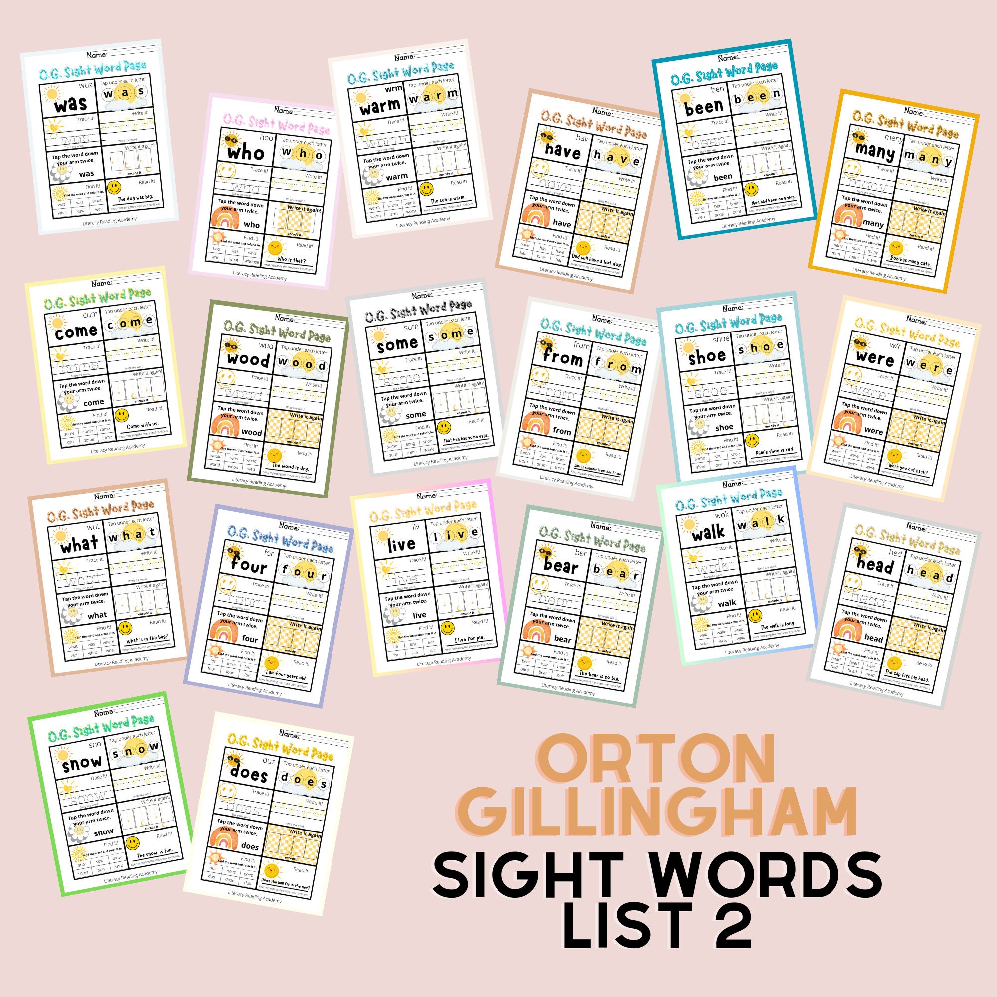 Orton Gillingham Sight Word Worksheets List 2 BUNDLE. 50 Pages. Sight ...