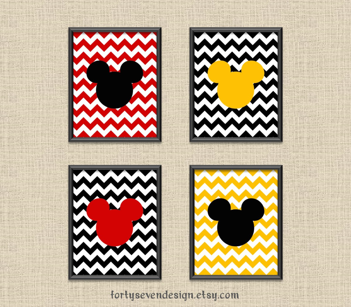 Set of 4 Mickey Mouse Black, White, Red & Yellow Chevron Printable Wall ...