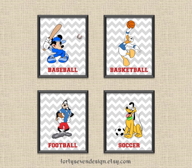 Set of 4 Mickey & Friends Sports Chevron Printable Wall Art 8x10 - Etsy