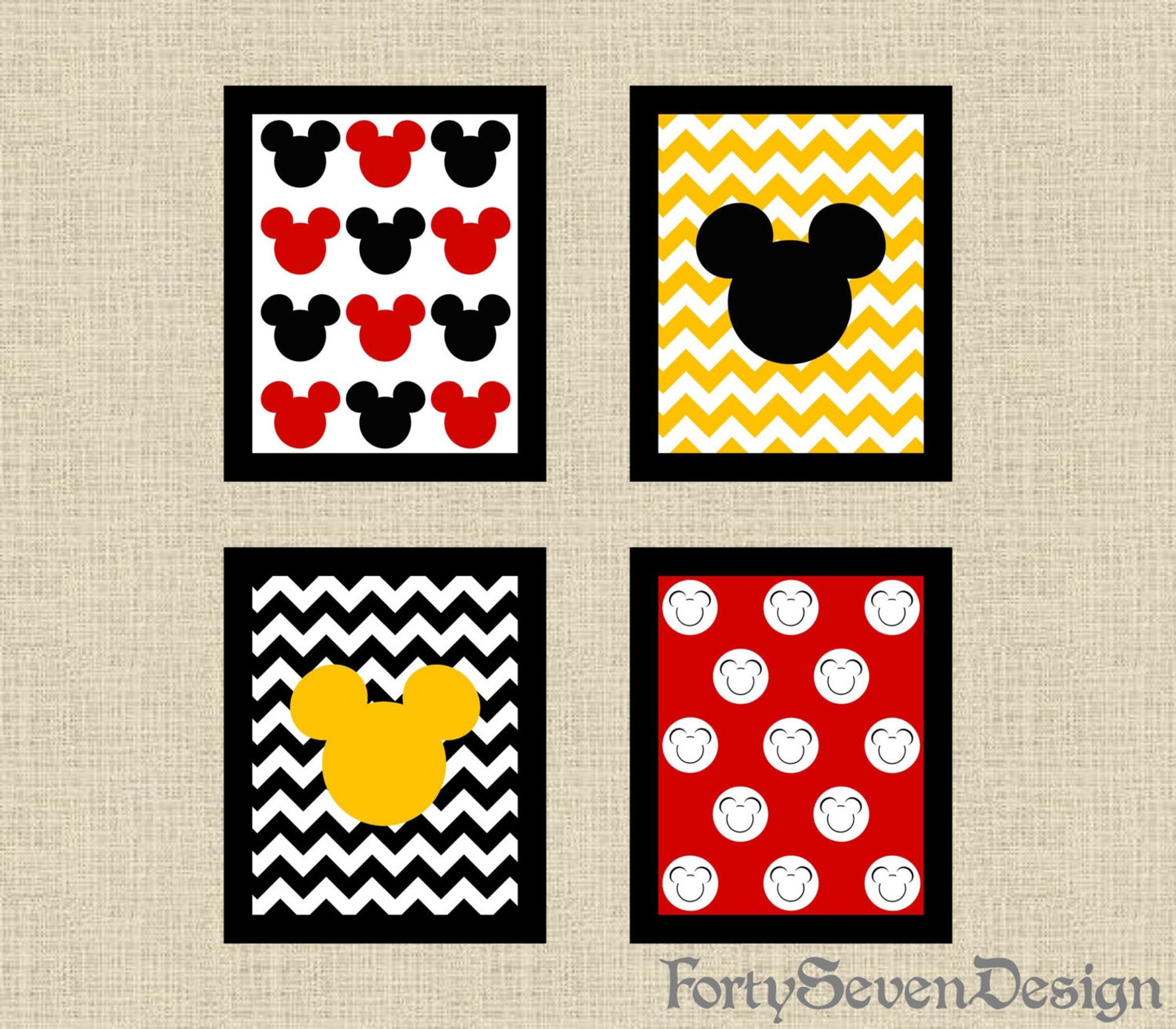 Set of 4 Mickey Mouse Black, White, Red & Yellow Chevron Printable Wall ...