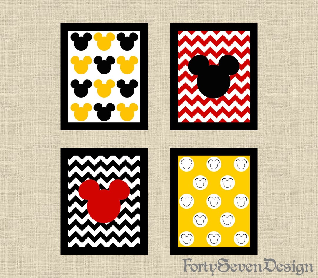 Set of 4 Mickey Mouse Black, White, Yellow & Red Chevron Printable Wall ...