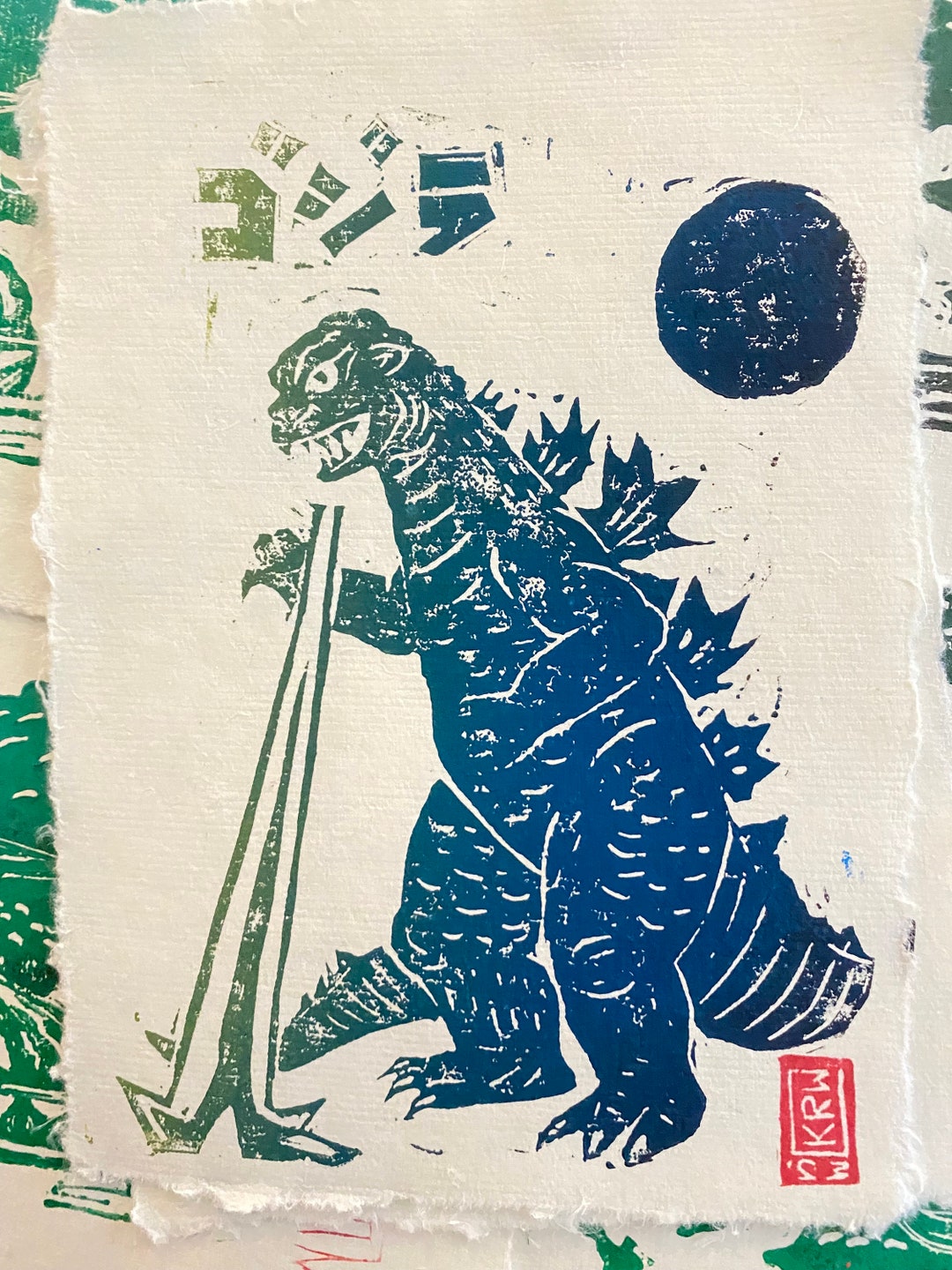 Handprinted Godzilla Block Print 5inx7in - Etsy