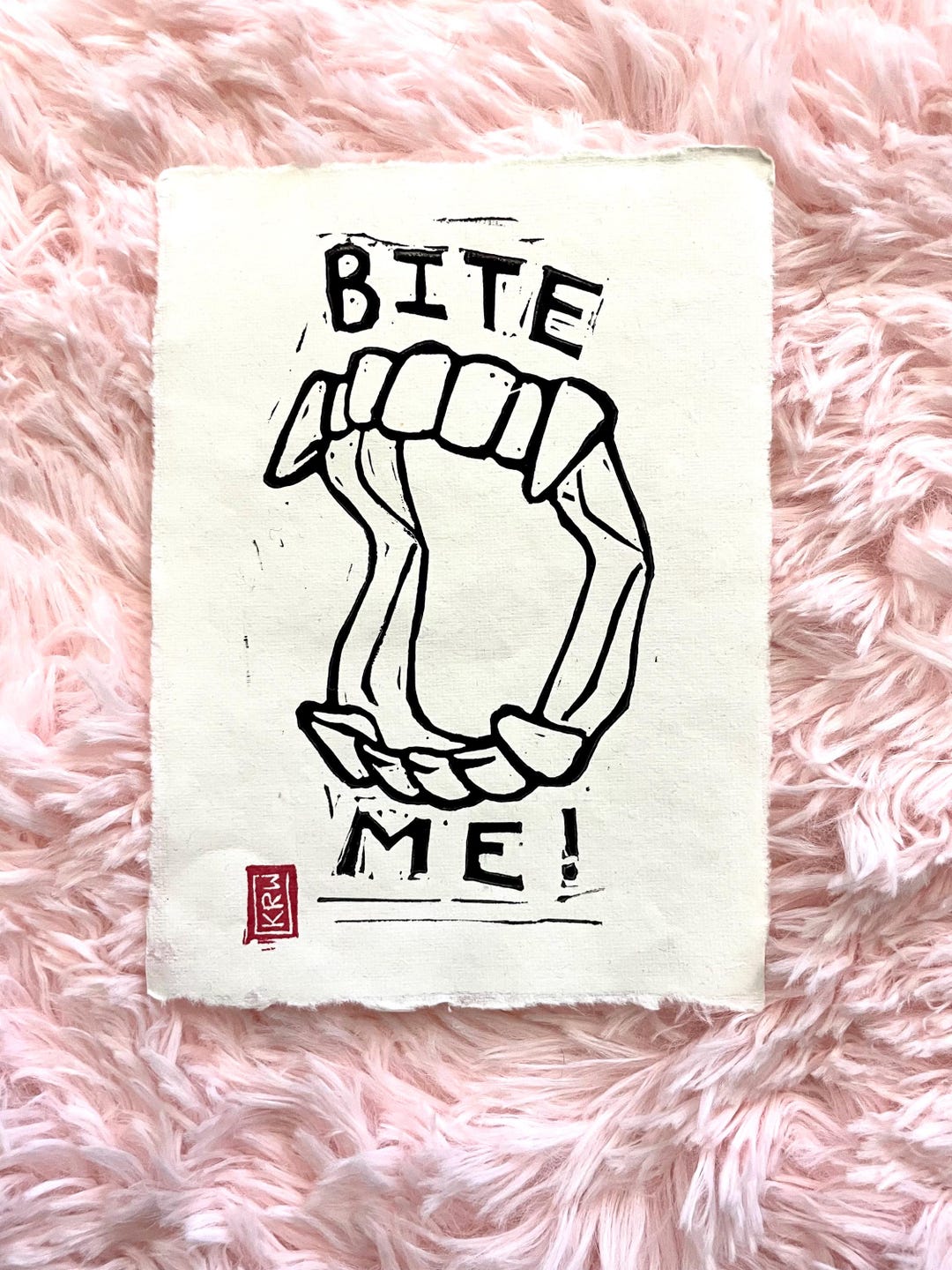 5x7 Vampire Teeth Bite Me Lino Block Print - Etsy