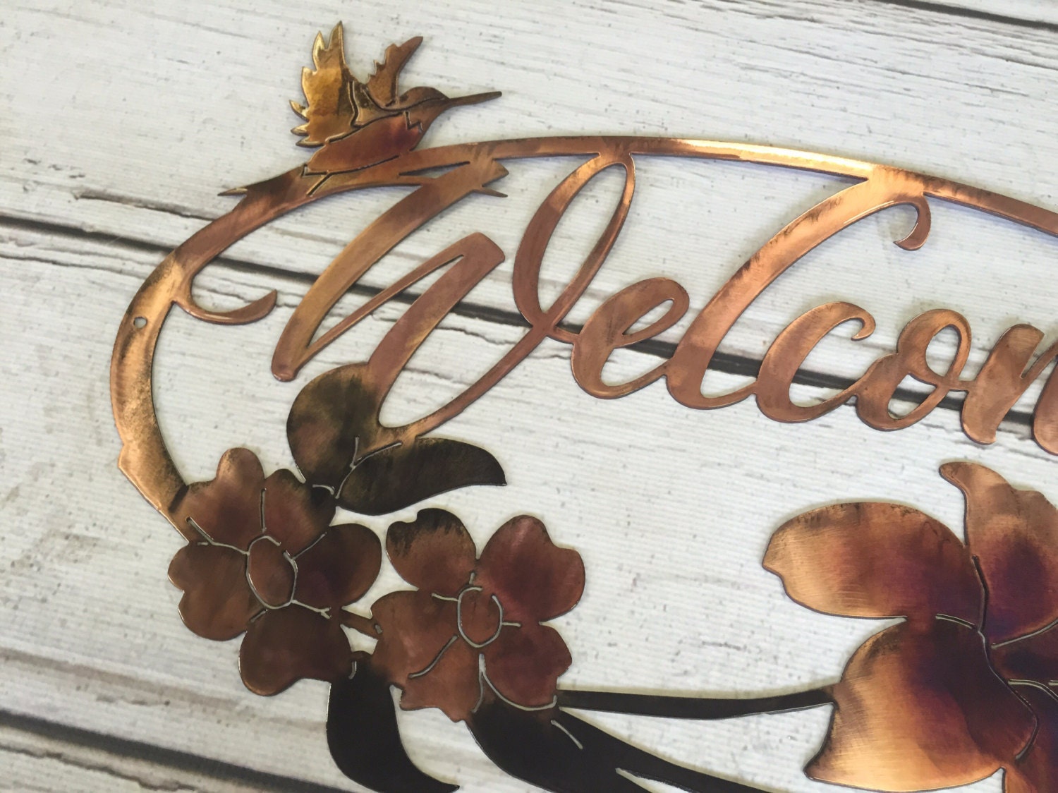 Welcome Metal Art Sign featuring Hummingbird Dogwood and Iris | Etsy