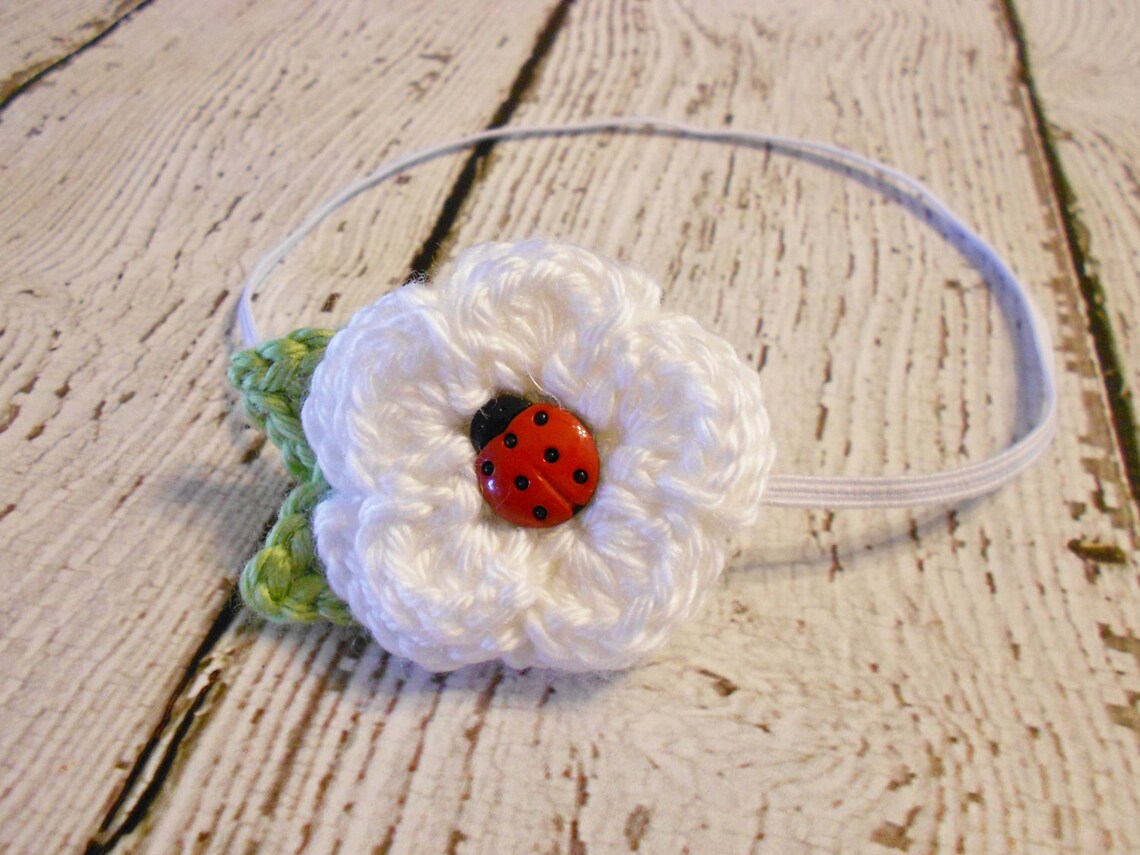 Ladybug Crochet Flower on Skinny Elastic-white-newborn to - Etsy
