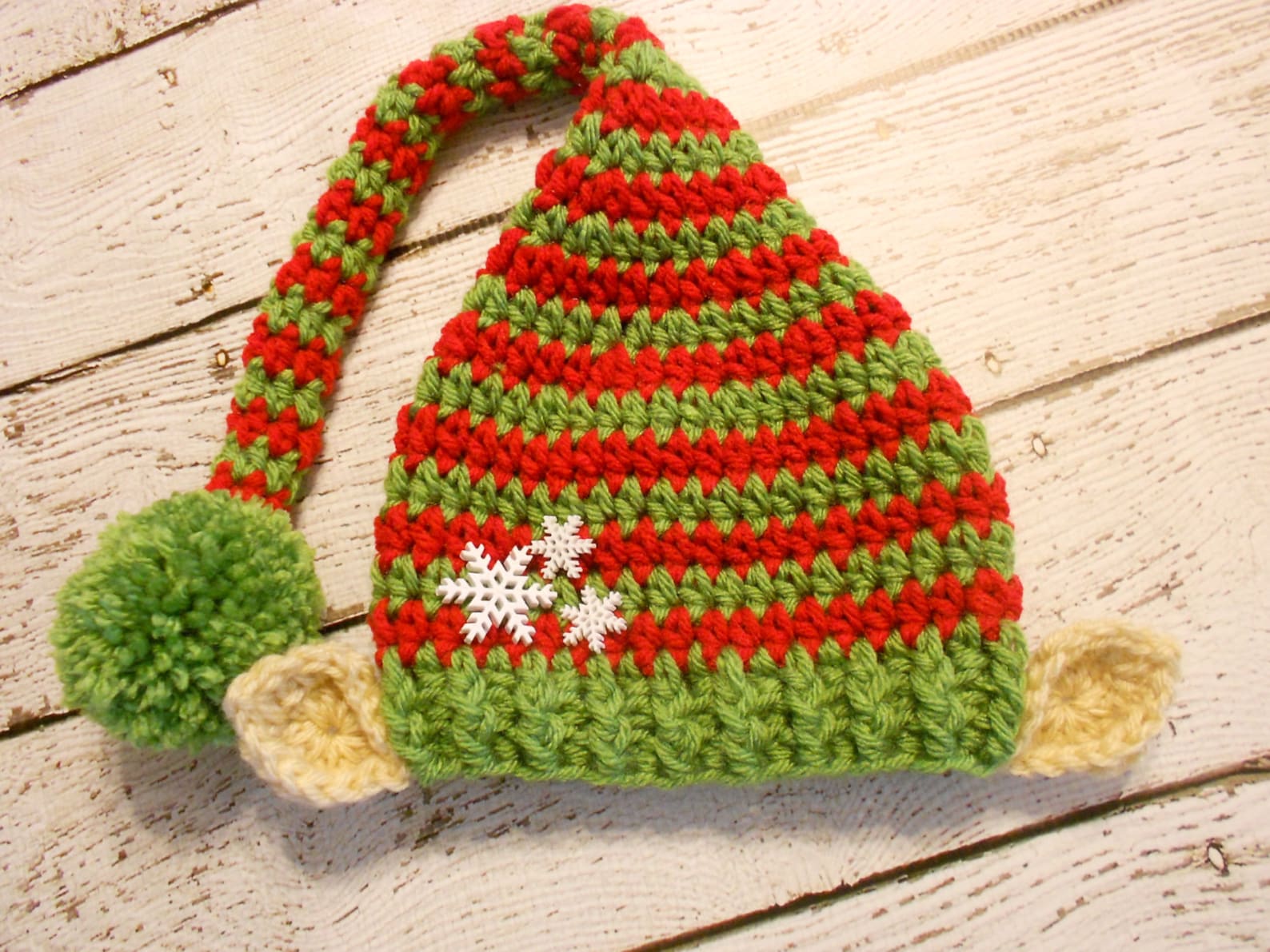 Crochet Christmas Elf Hat With Ears Green and Red Newborn to - Etsy