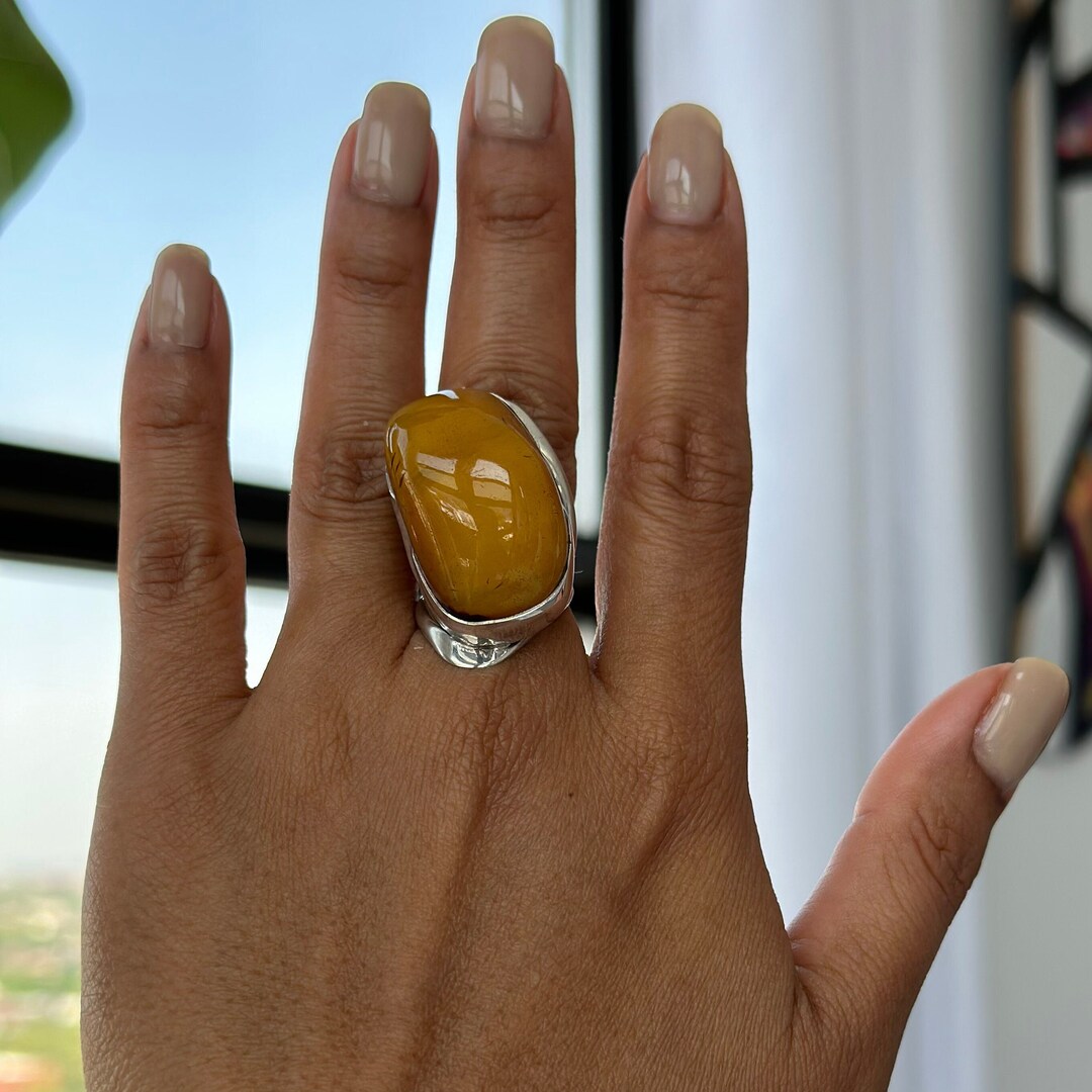 African Amber and Sterling Silver Ring, Natural Freeform Stone ...