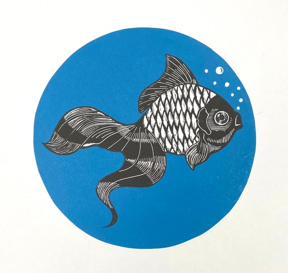Linocut of a Goldfish | Etsy