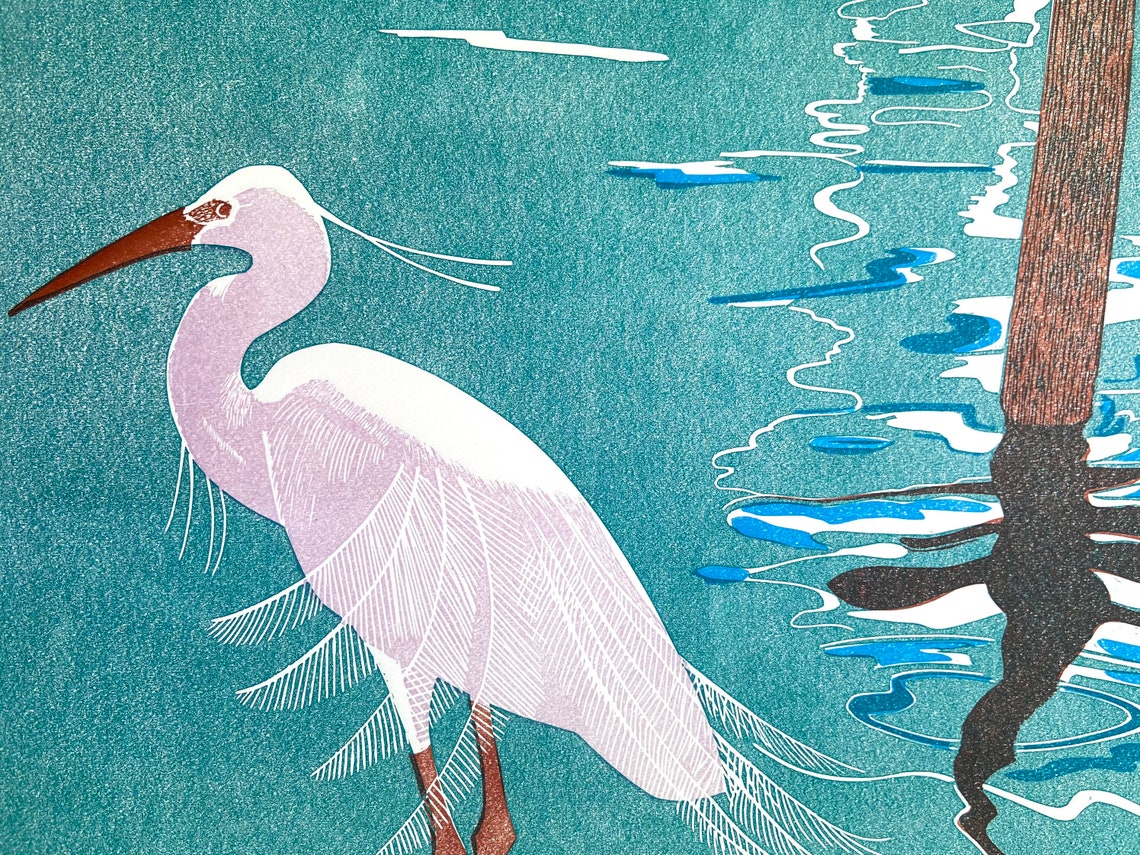 Linocut of a Little Egret - Etsy
