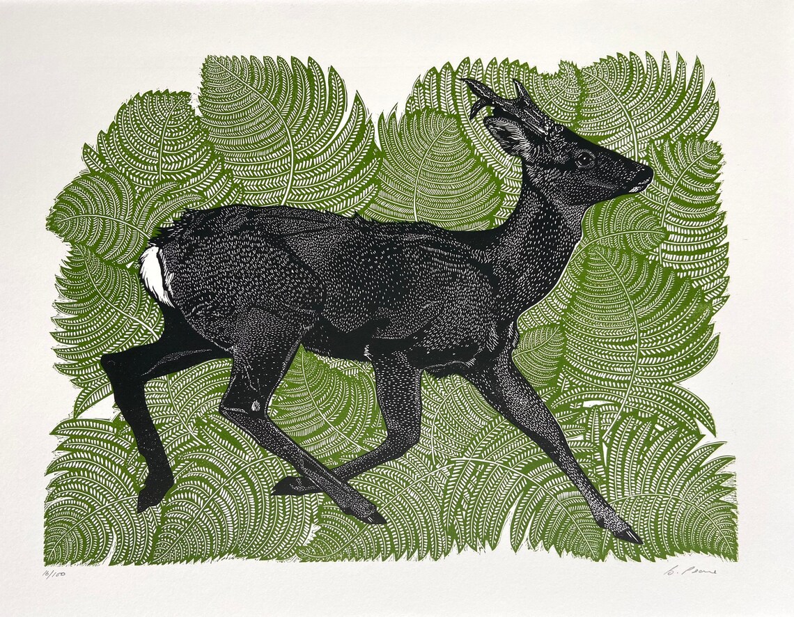 Limited Edition Linocut of a Running Deer - Etsy