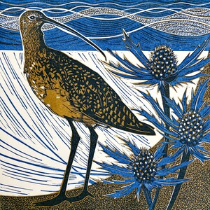 Linocut Print of Curlew With Sea Holly - Etsy