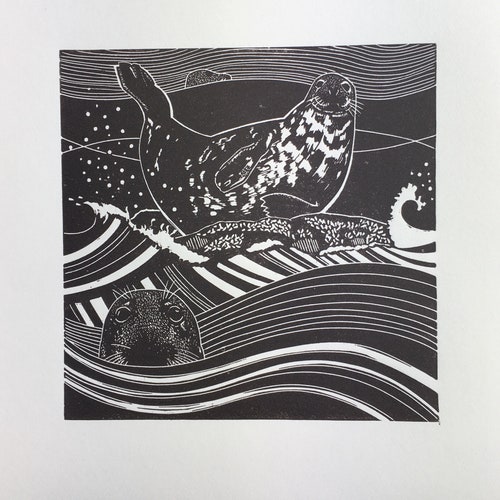 Linocut Print of Grey Seals - Etsy