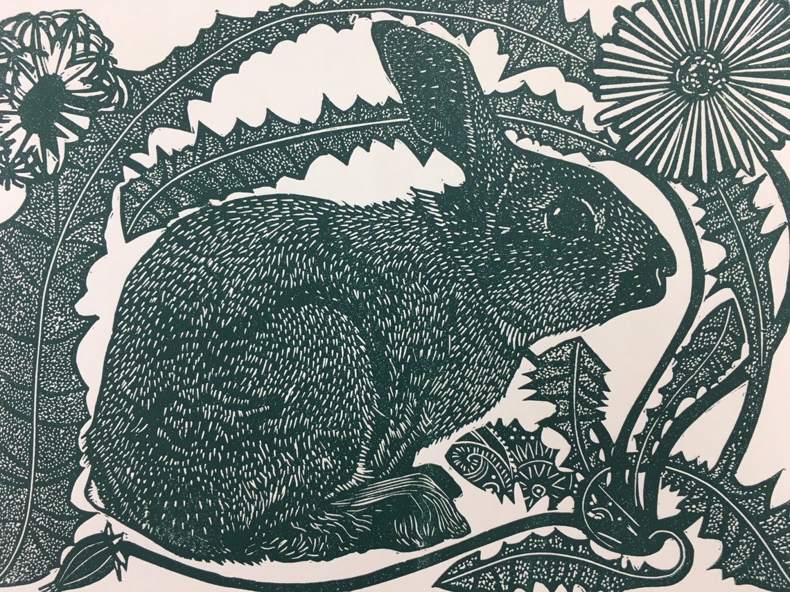 Linocut of a Rabbit With a Dandelion - Etsy UK