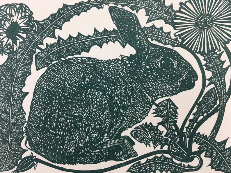 Linocut of a Rabbit With a Dandelion - Etsy UK