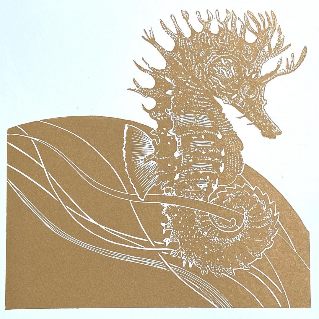Seahorse Linocut (gold) - Etsy
