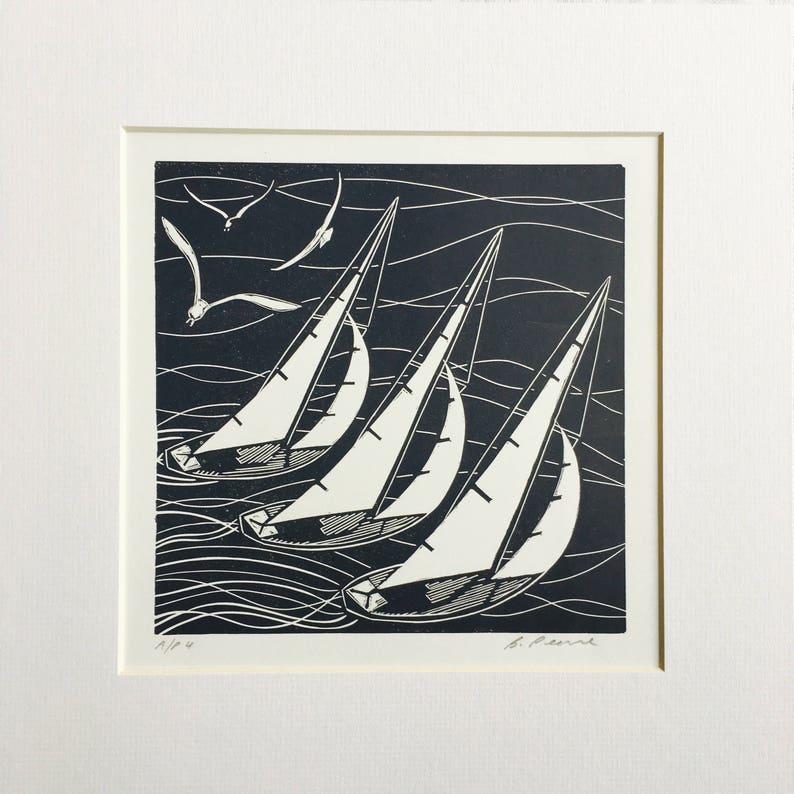 Linocut Print of Sailing Boats - Etsy UK