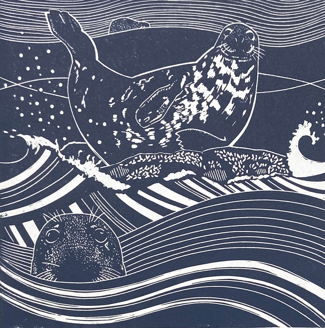 Linocut Print of Grey Seals - Etsy