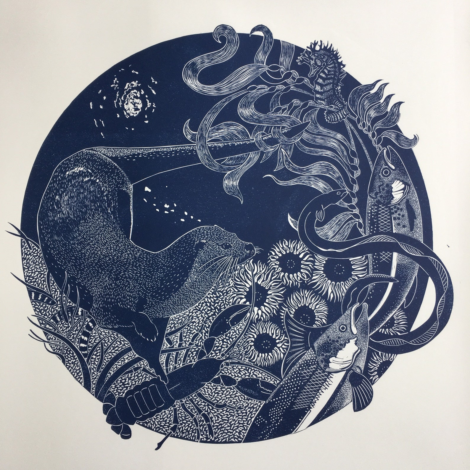 Large Circular Linocut Print of a Nocturnal Underwater Scene - Etsy