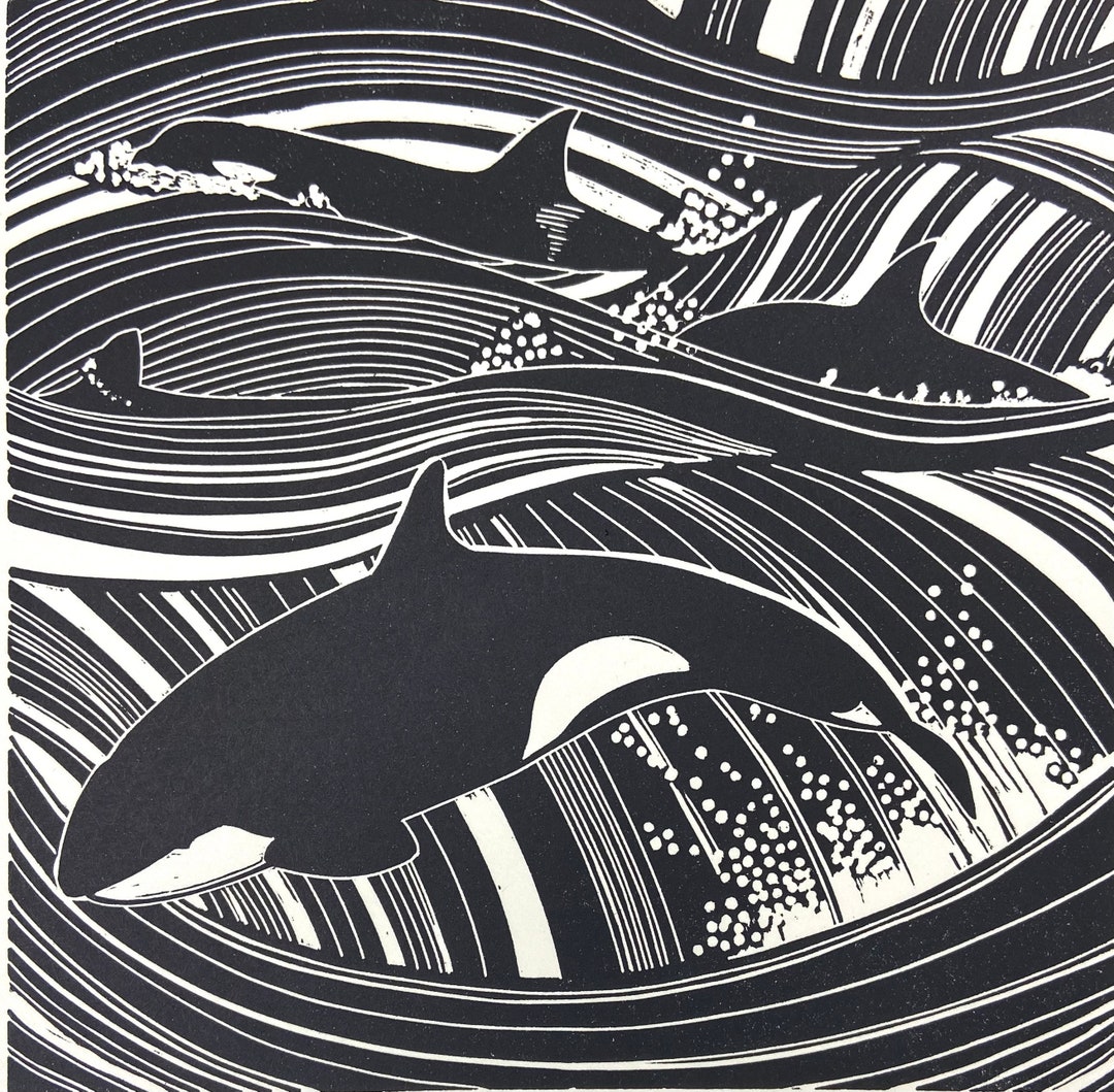Linocut Print of Orca Whales - Etsy