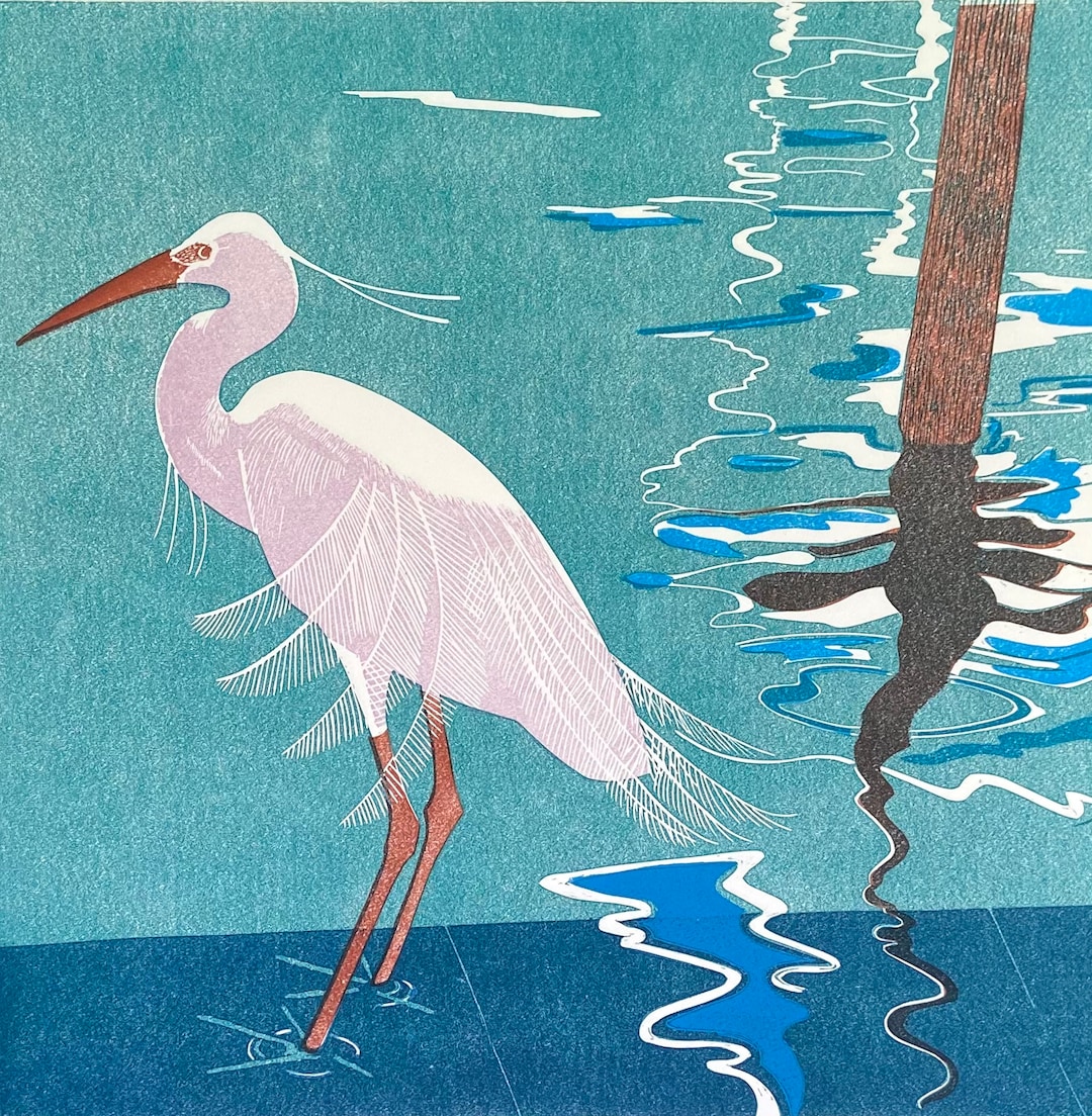 Linocut of a Little Egret - Etsy