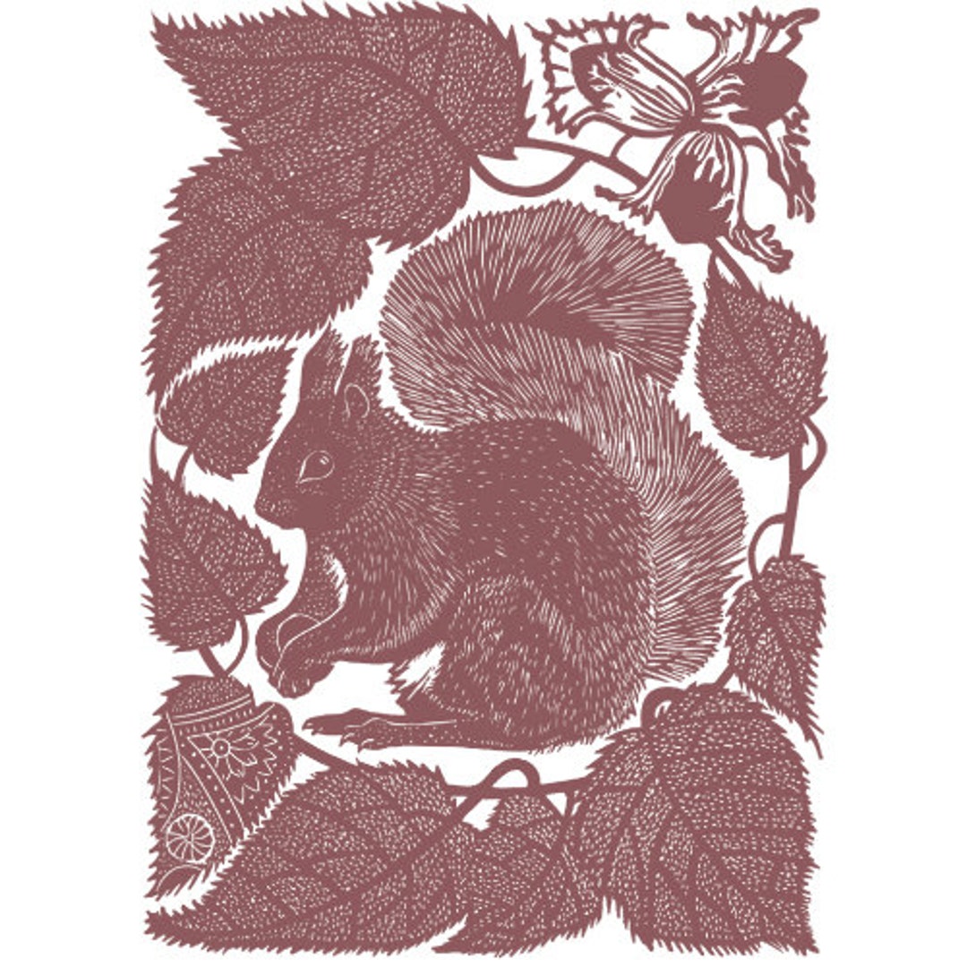 Linocut of a Red Squirrel With Beech Nuts - Etsy