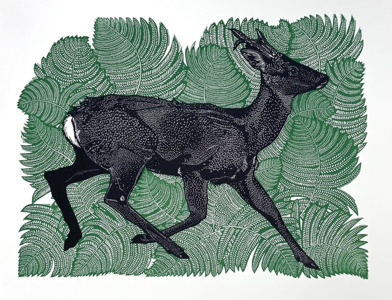Limited Edition Linocut of a Running Deer - Etsy