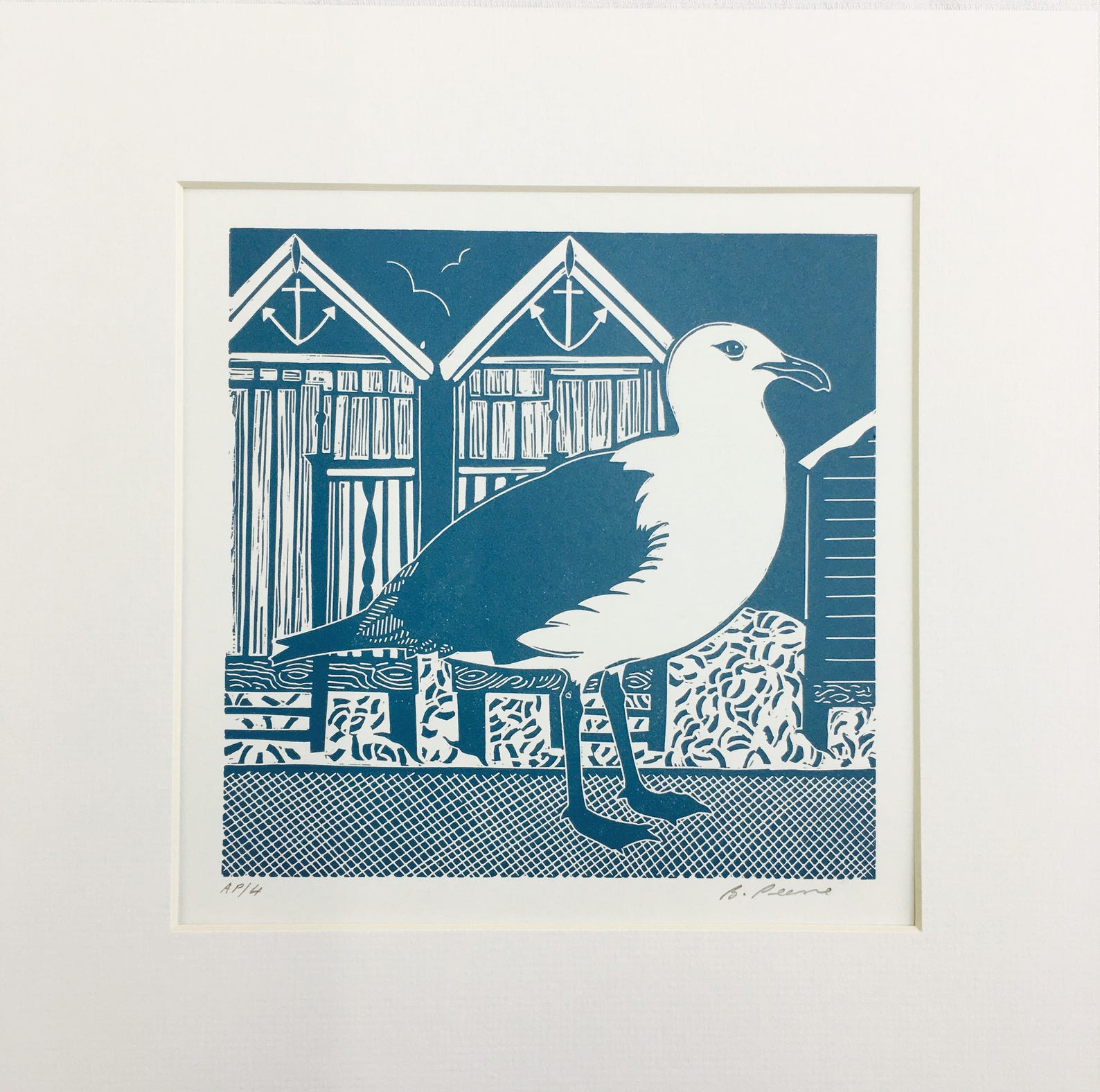 Linocut Print of Seagull With Beach Huts - Etsy