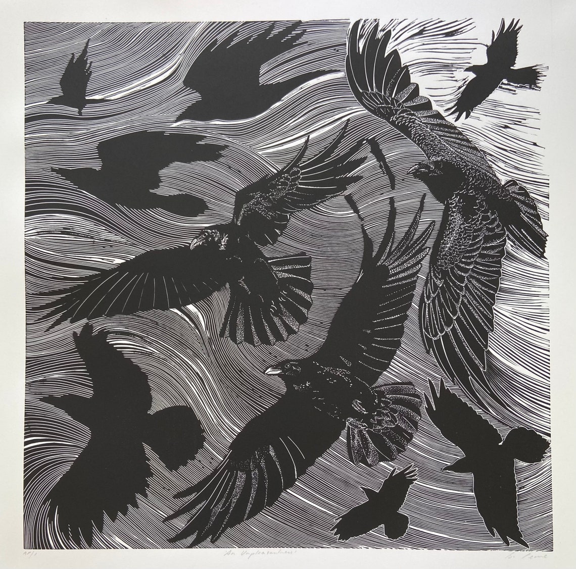 Linocut of Flying Ravens - Etsy