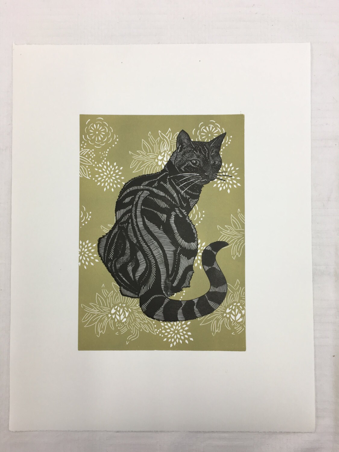 Linocut of Sitting Cat - Etsy