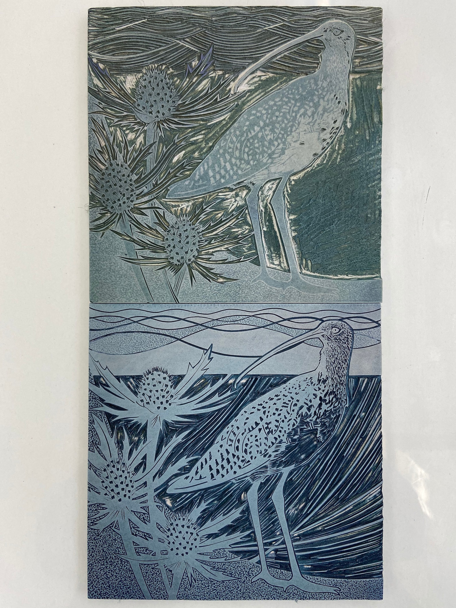 Linocut Print of Curlew With Sea Holly - Etsy