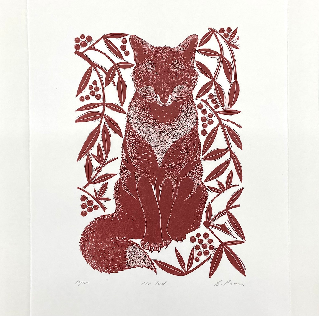 Linocut of a Sitting Fox - Etsy
