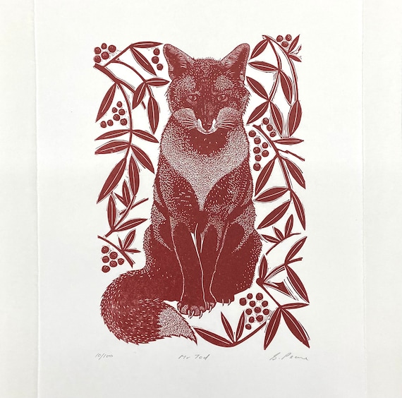 Linocut of a Sitting Fox | Etsy