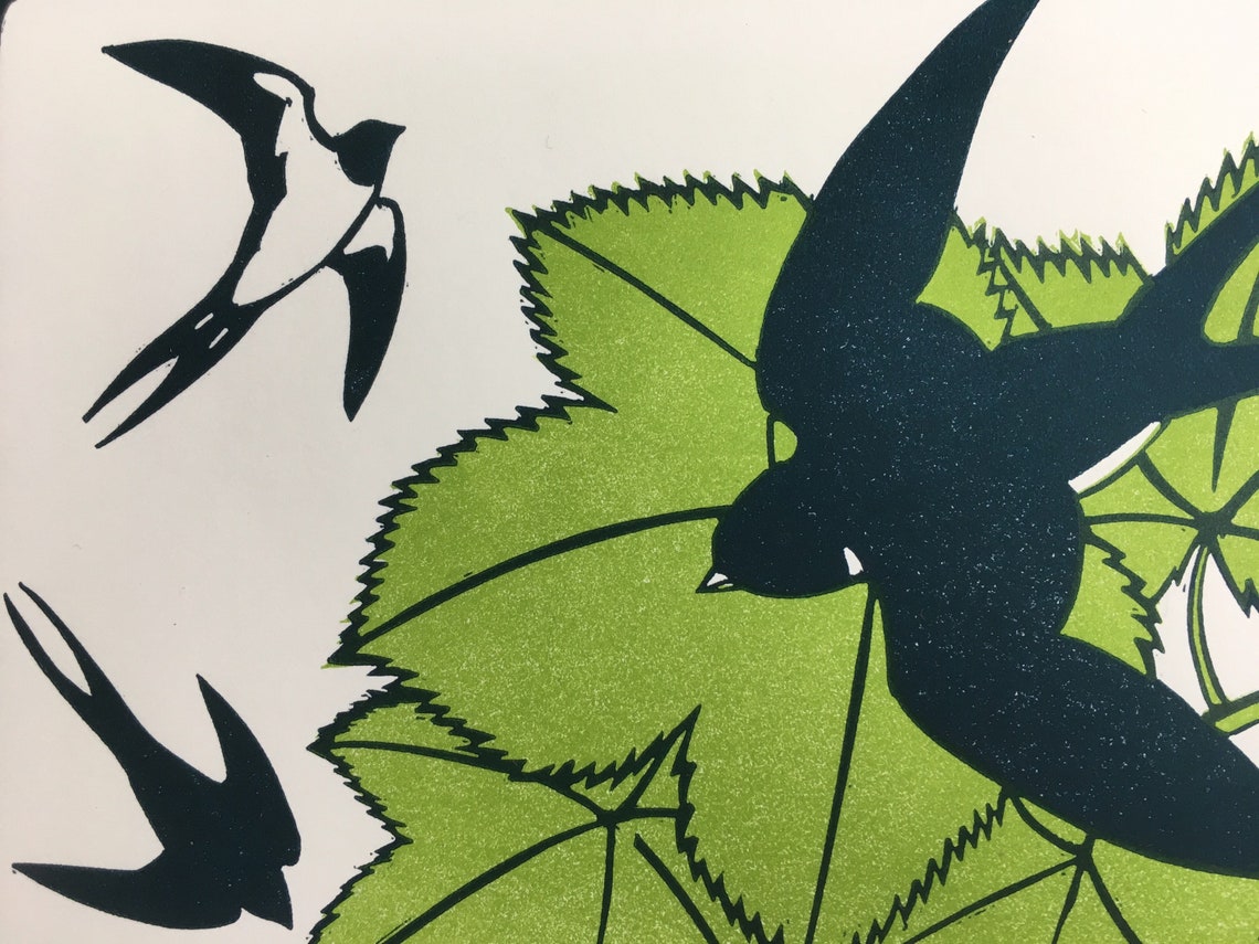Linocut Print of Flying Swallows - Etsy