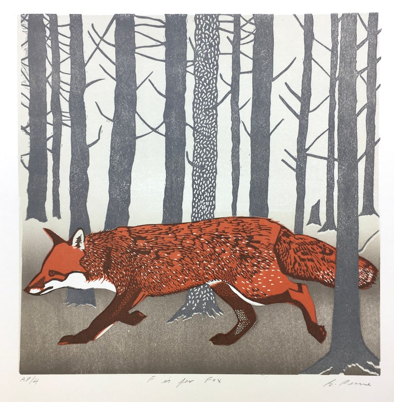 Linocut of A Fox - Etsy