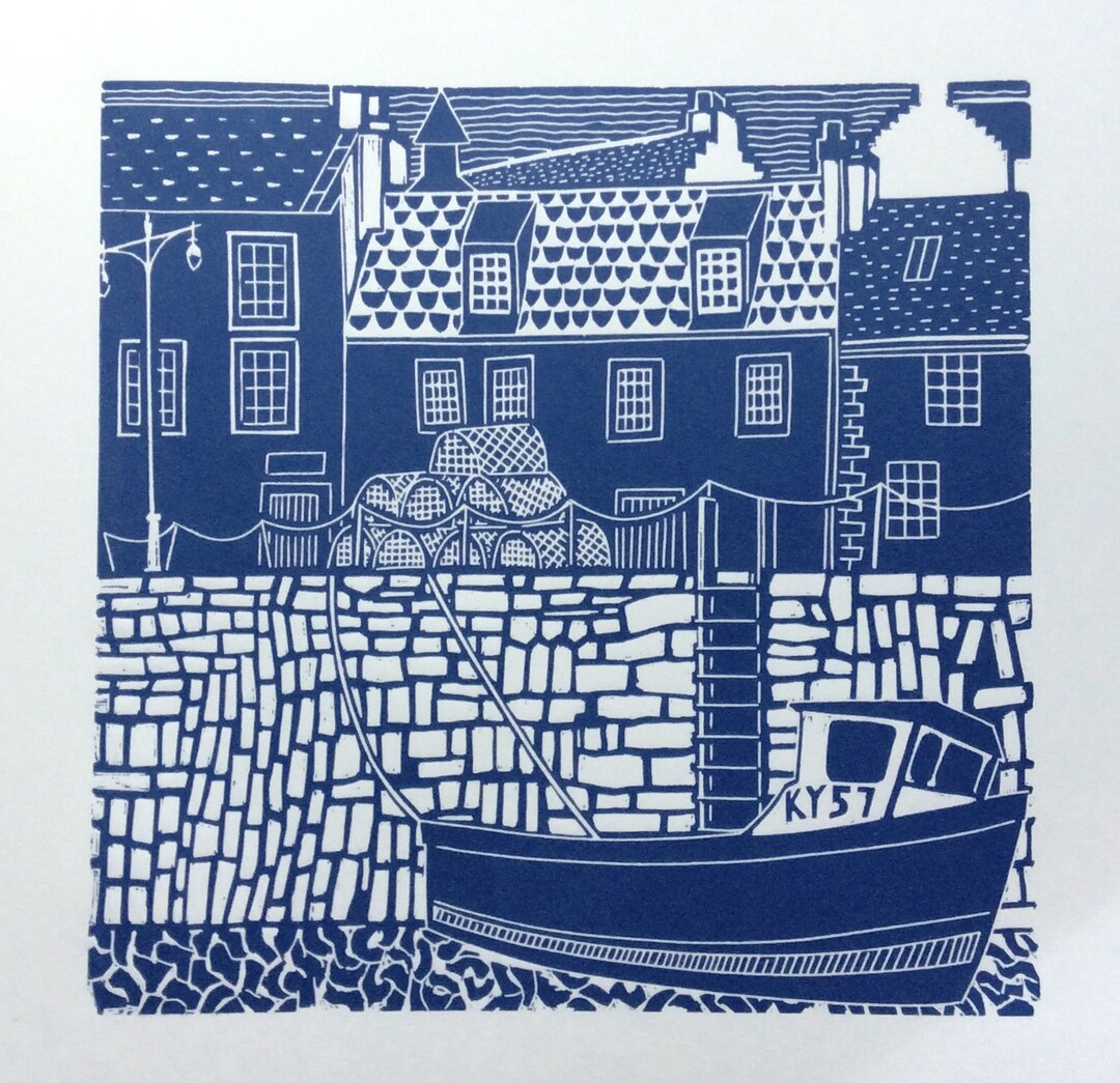 Linocut Print of a Harbour Scene - Etsy