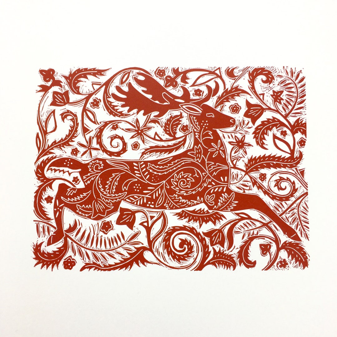 Linocut Print of a Jumping Stag - Etsy