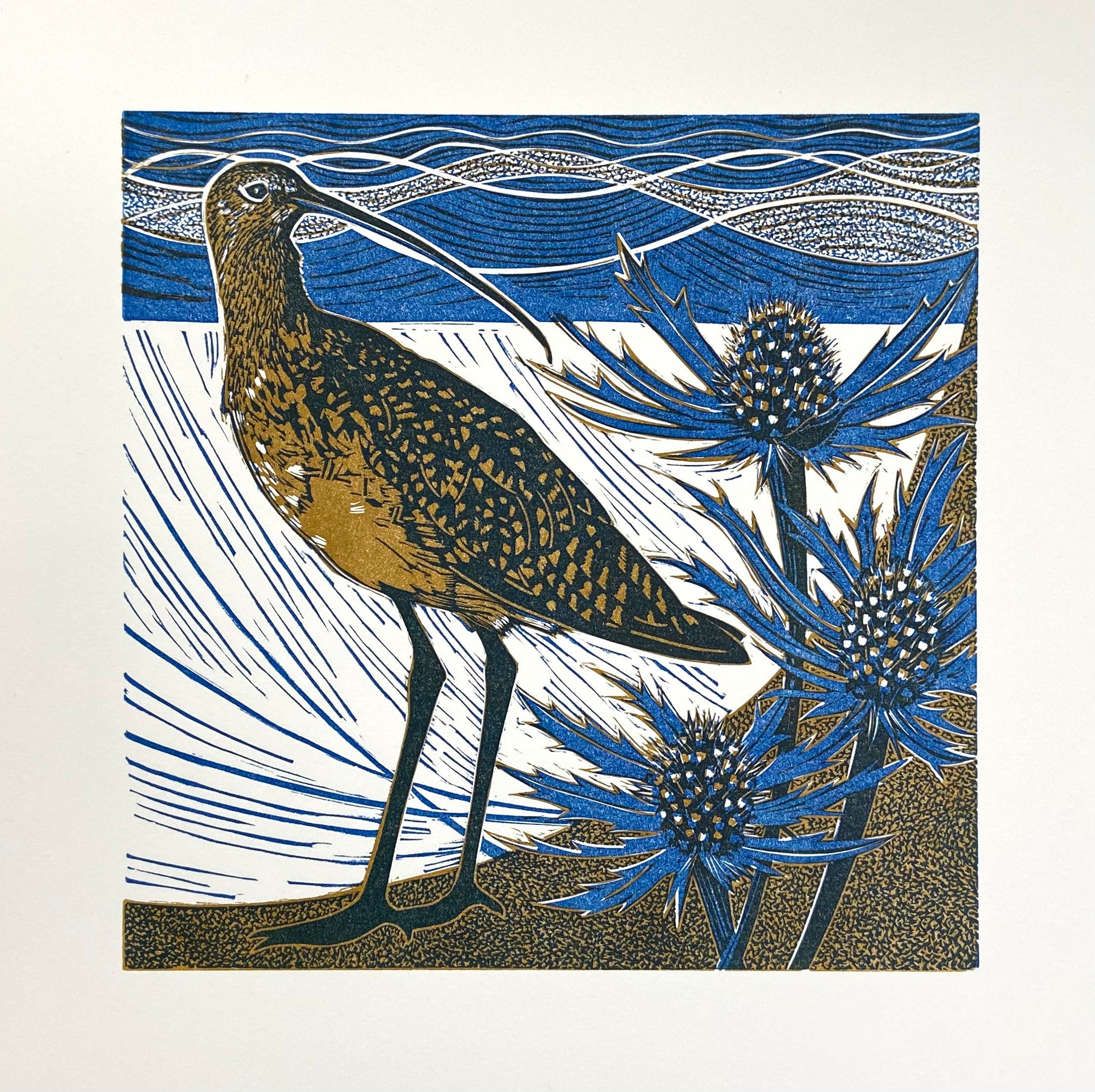Linocut Print of Curlew With Sea Holly - Etsy