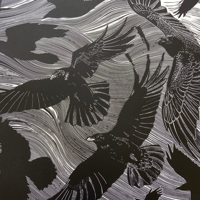 Linocut of Flying Ravens - Etsy