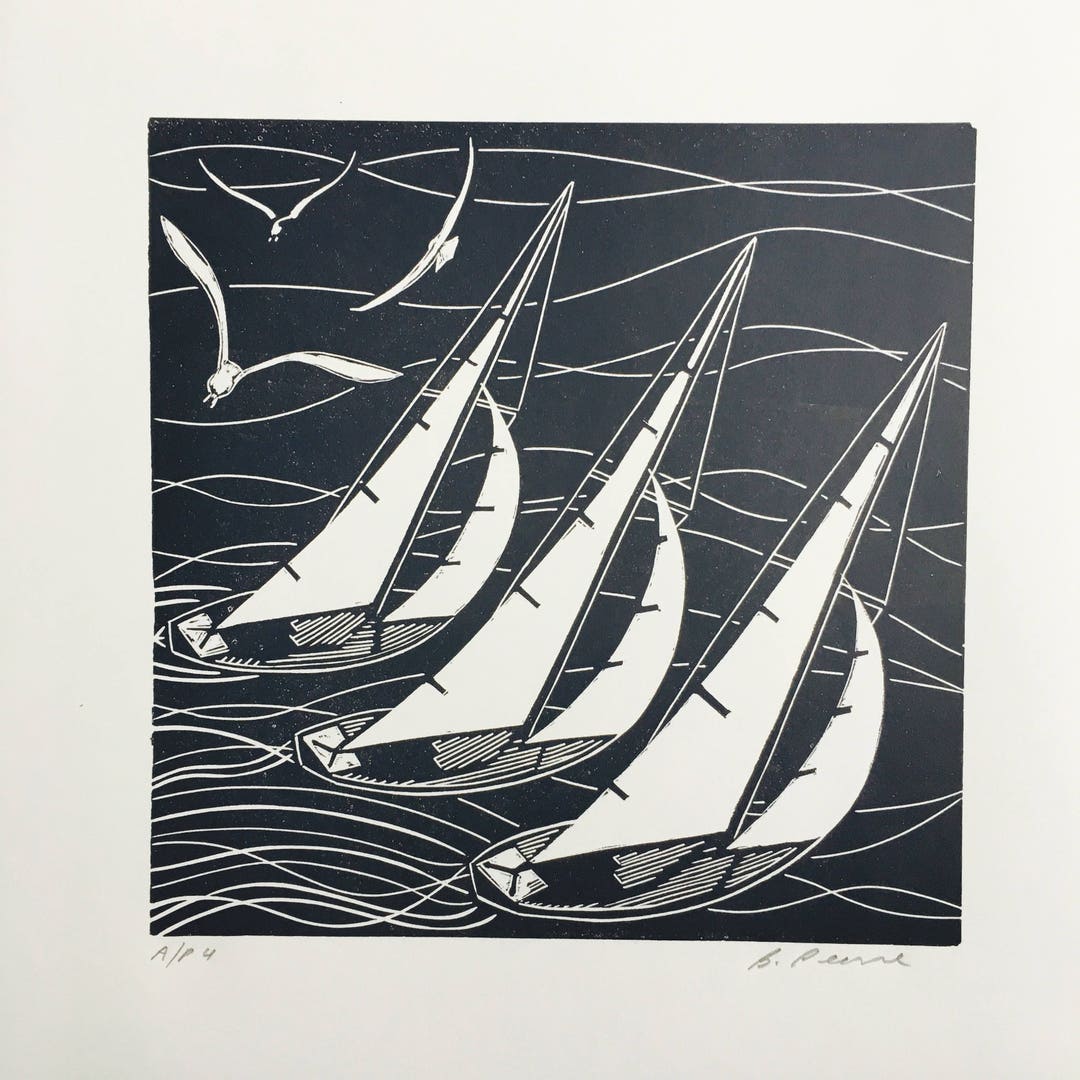 Linocut Print of Sailing Boats - Etsy